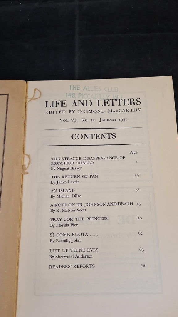 Desmond MacCarthy - Life and Letters Volume VI Number 32 January 1931 ...