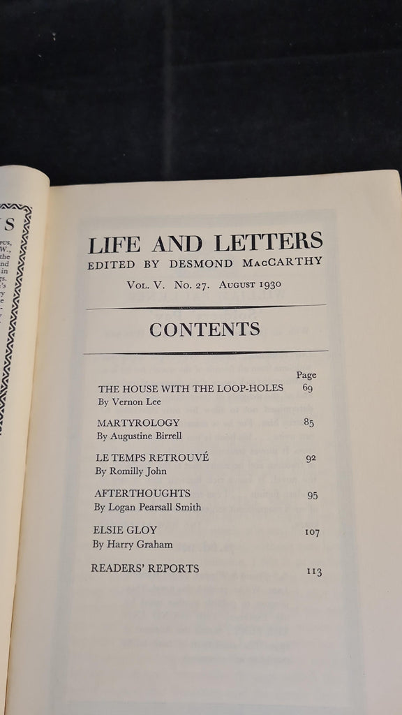 Desmond MacCarthy - Life and Letters Volume V Number 27 August 1930 ...