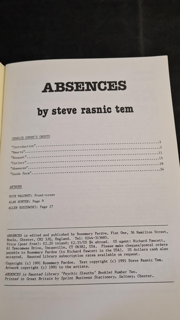 Steve Rasnic Tem - Absences, Charlie Goode's Ghosts, Number 2 1991 ...