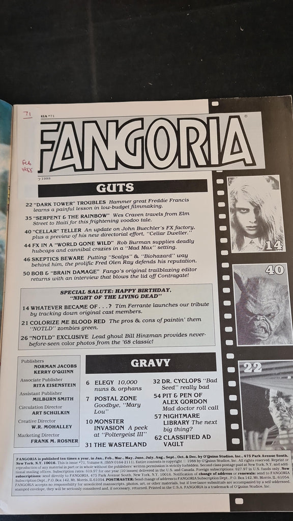 Fangoria - Horror In Entertainment, Number 71 Volume 8 February 1988 ...