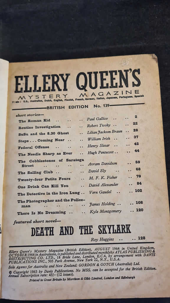 Ellery Queen's Mystery Magazine Number 139 August 1964, British Editio ...