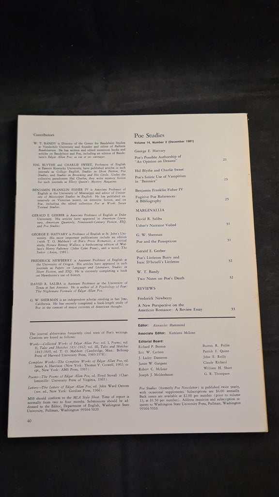 Poe Studies Volume 14 Number 2 December 1981 – Richard Dalby's Library