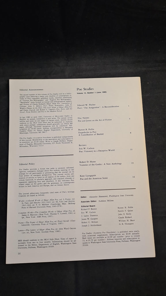 Poe Studies Volume 13 Number 1 June 1980 – Richard Dalby's Library
