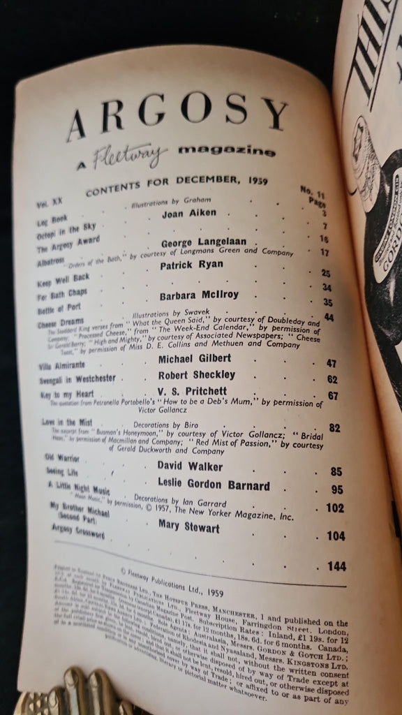 Argosy Magazine Volume 20 Number 11 December 1959, Joan Aiken – Richard ...