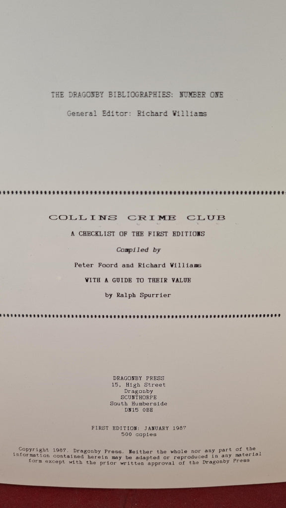 Collins Crime Club Number 1 - A Checklist of the First Editions, Limit ...