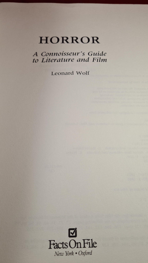 Leonard Wolf - Horror - A Connoisseur's Guide To Literature & Film, Fa ...