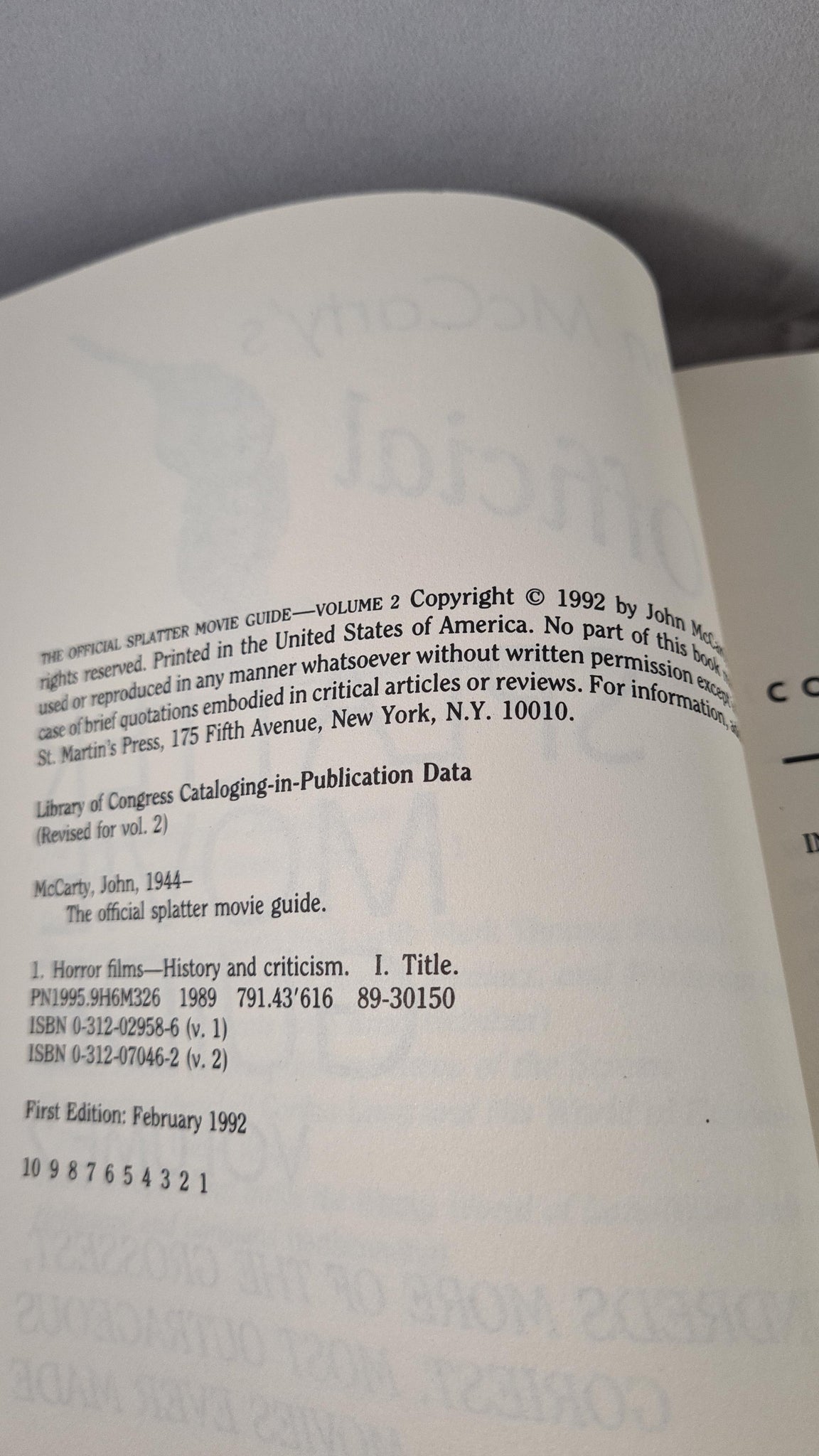 John McCarty's Official Splatter Movie Guide Volume II, 1992, First Ed ...
